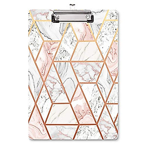 WAVEYU Marble Clipboard Decorative for Office, Cute Clipboard Hardboard with Low Profile Clip Designed for Middle High School College Student Girl Women Adult Teen Gift, Pink+Gold (12.5"x8.5")