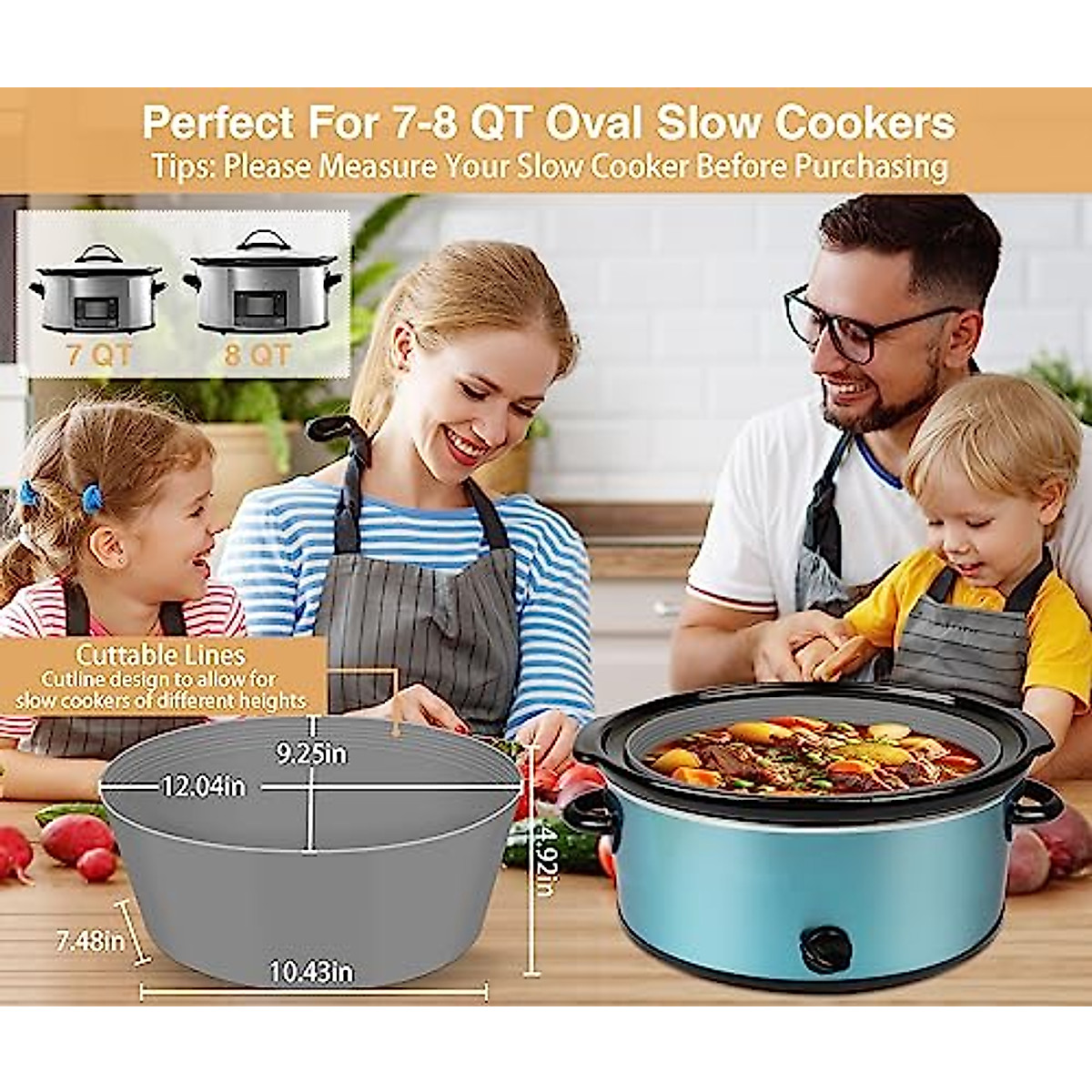 Silicone Crock Pot Liner fit Crock-Pot 7-8 Quart Oval Slow Cooker，Reusable & Leakproof Dishwasher Safe Cooking Liner for 7 Quart Crock Pot (2pcs-Grey [Fit 7 to 8 QT][12"D x 9.25"W x 4.92"H])