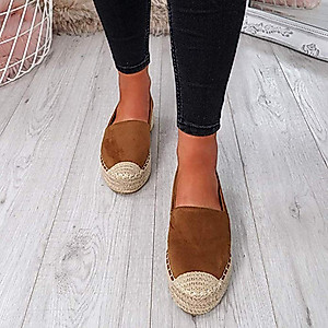 NEARTIME?Women's Platform Shoes, Fashion Grass Weaving Outdoor Slip On Round Toe Casual Flats Boat Shoes Brown