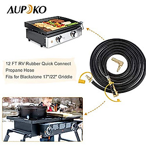 12FT Quick-Connect RV Propane Extension Hose, Low Pressure Quick Disconnect Propane Hose with 1/4" Safety Shutoff Valve and 1/4" Male Full Flow Plug and Elbow Adapter, for Blackstone 17"/22" Griddles