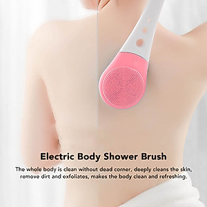 Electric Body Shower Brush, USB Rechargeable Exfoliating Shower Brush for Deep Cleaning, Waterproof Silicone Bath Shower Scrubber with Long Handle, Home Beauty Salon Massage Bath Brush Pink