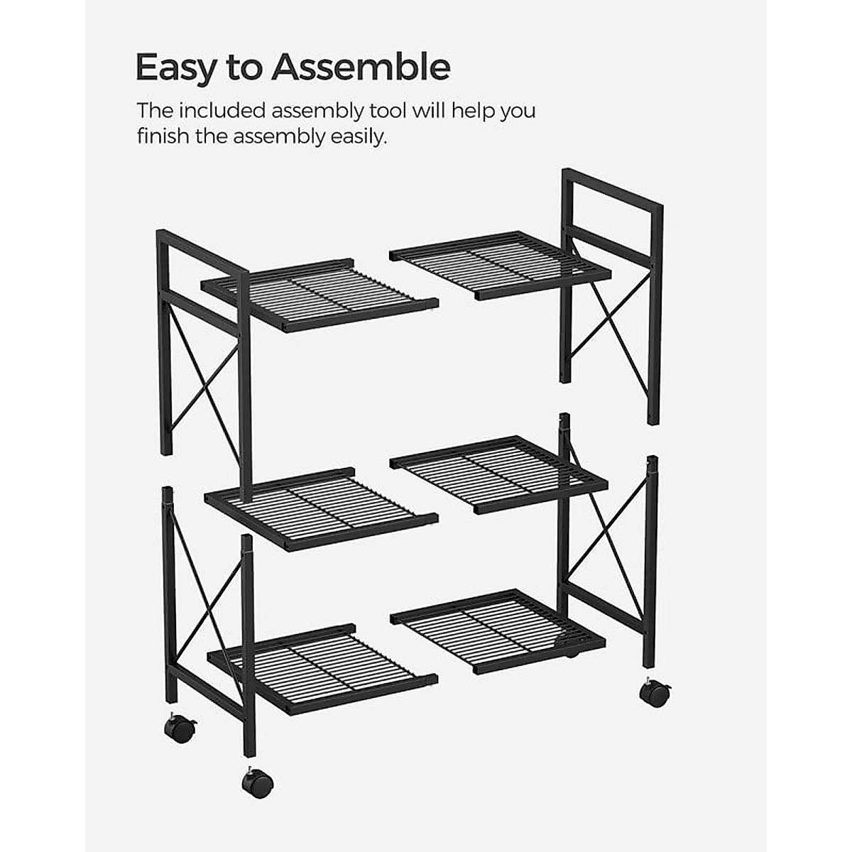 SONGMICS 3-Tier Metal Storage Rack with Wheels, Mesh Shelving Unit with X Side Frames, 23.6-Inch Width, for Entryway, Kitchen, Living Room, Bathroom, Industrial Style, Black UBSC163B01