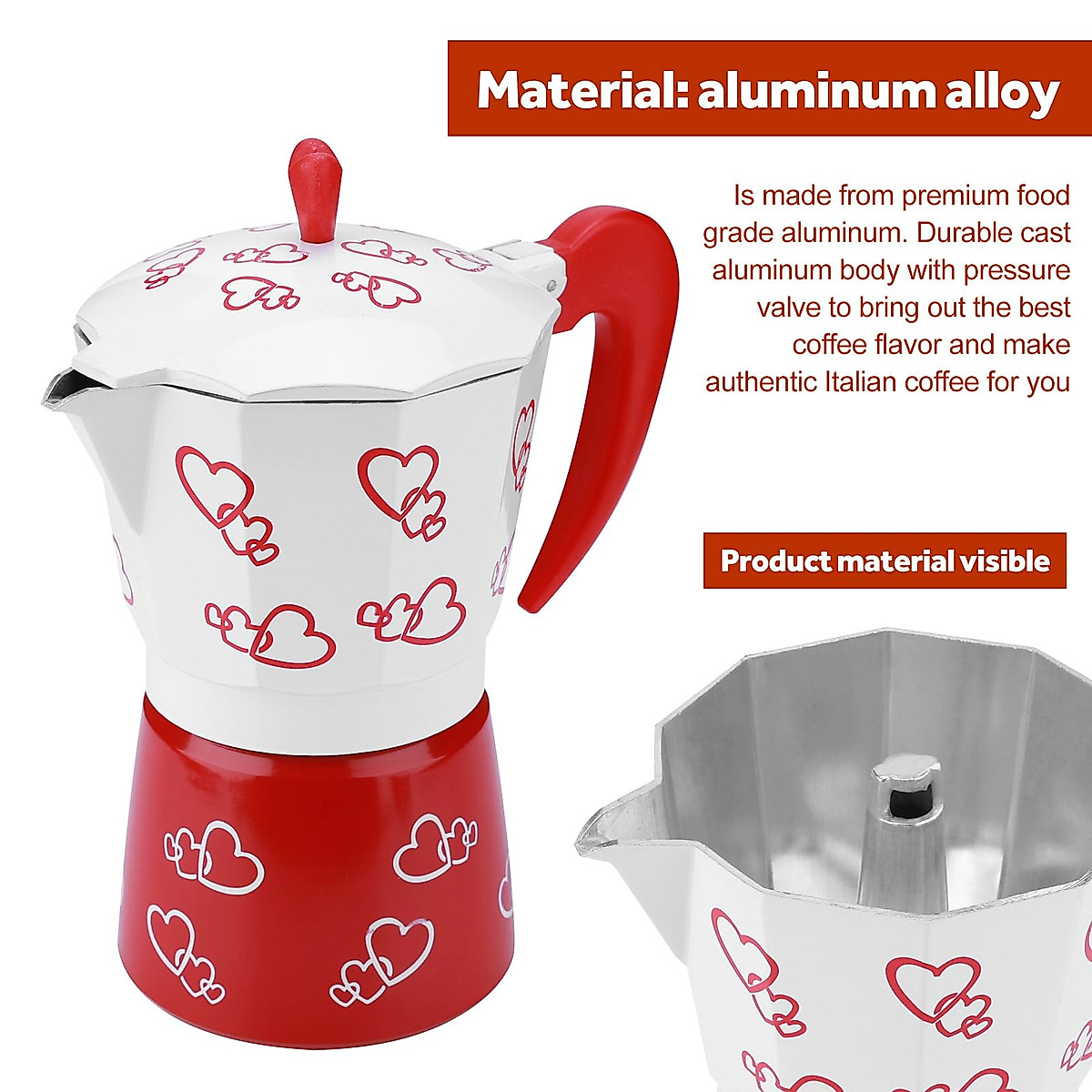 SHANGSKY Espresso Maker Italian Coffee Maker 10oz, Stovetop Coffee Maker Cafetera Italiana Aluminum Mocha Pot with Wooden Handle, Stove Top Espresso Machine (Heart)