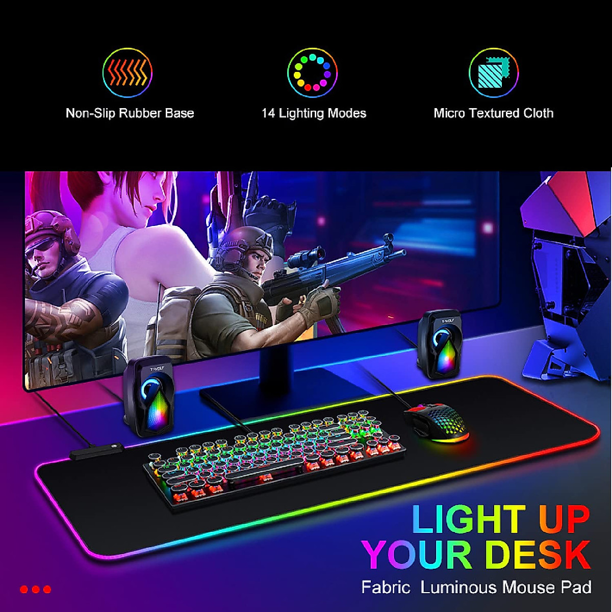 TalkWorks Extra Large RGB Gaming Mousepad - Non-Slip Rubber Base, Micro-Textured Durable Cloth, 7 Colors, 14 Lighting Modes, On/Off Light Switch, USB Device Interface - 12 x 31.5 Inches, Black