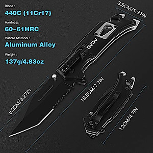GVDV Pocket Knife with LED Light - Multitool Folding Tactical Knife with 440C Sharp Blade, 9 in 1 Survival Knife with Seatbelt Cutter, Glass Breaker, Fire Starter, Emergency Tool