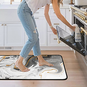 White Marble Kitchen Rugs and Mats Non Skid Washable Absorbent Stain Resistant,Durable and Easy to Clean,Kitchen Rug Set of 2 Marble Kitchen Deco 17"x47"+17"x30"