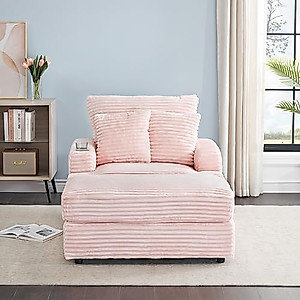 Oversized Single Sofa Cloud Couch Deep Seat Lounge Chaise with Movable Ottoman and Cupholder, Corduroy Upholstered Sleeper Armchair Daybed with Thicked Cushions and Throw Pillows for Living Room