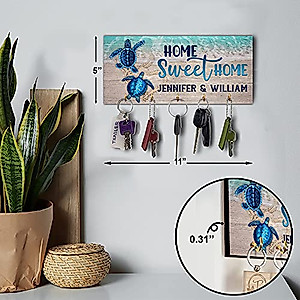 MUCHNEE Personalized Beach House Key Holder for Wall - Home Sweet Home, Customized Key Hook Decor for Kitchen, Living Room - Gifts with Custom Family Name for Couple, Wife, Husband, Family, Friends