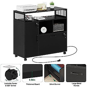 Tcpuolr Lateral File Cabinet with Charging Station, File Cabinet with Lock, Cabinets for Home Office, Mobile Filing Cabinet with Drawer, Printer Stand for A4, Letter Size and File Folders