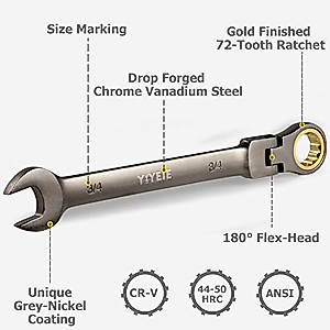 YIYEIE 9 Pc. Flex-Head Ratcheting Wrench Set, SAE 5/16, 11/32, 3/8, 7/16, 1/2, 9/16, 5/8, 11/16, 3/4 Inch, 72 Tooth, Nickel Plating, Cr-V Steel, Flexible Combination Wrench Set with Swivel Ratchet