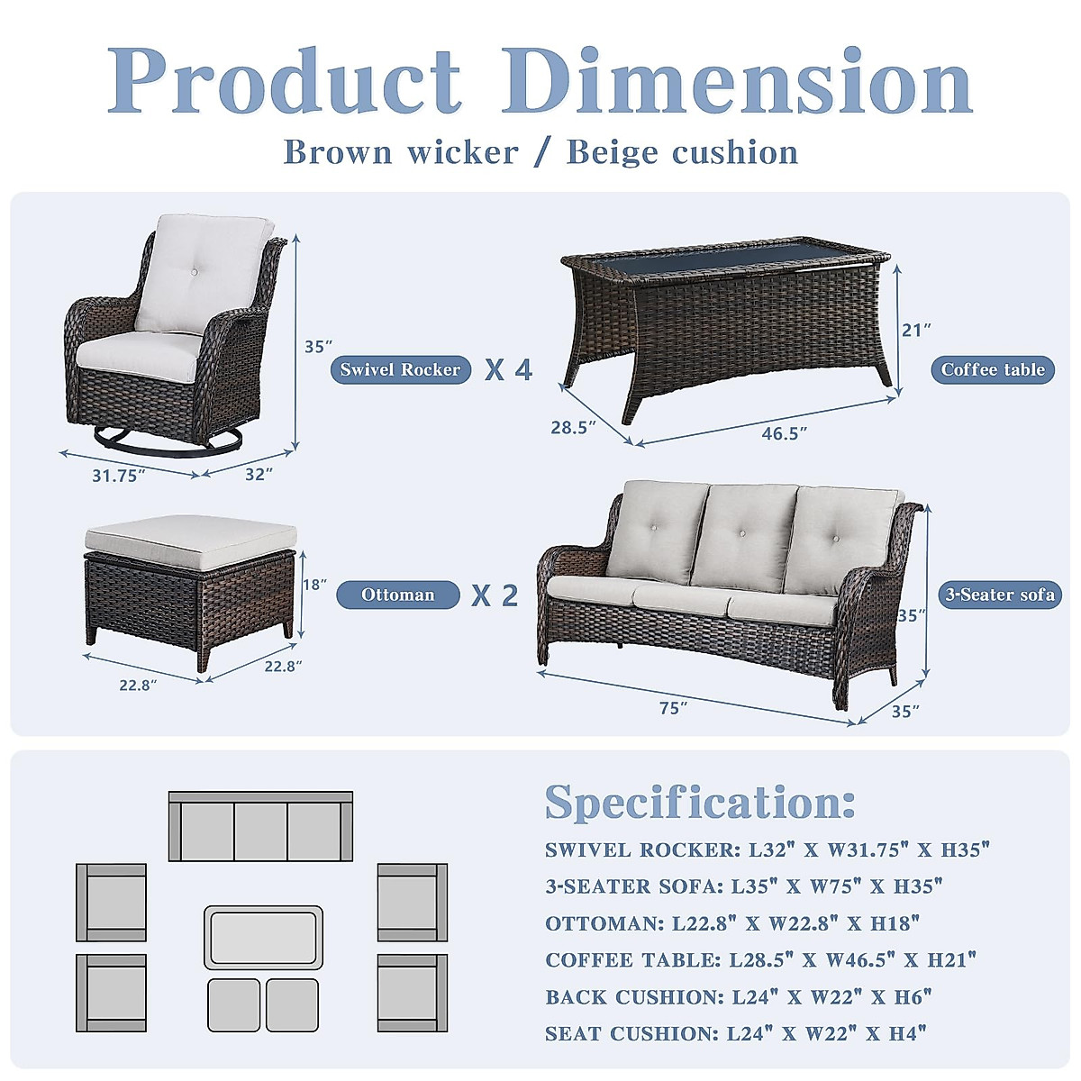 Belord Wicker Patio Furniture Sets - 8 Piece Outdoor Rattan Furniture Conversation Sets with 4 Swivel Rocker Chairs, Rattan Sofa, Wicker Ottomans and Coffee Table, Brown/Beige