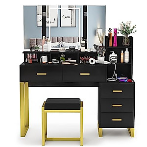 PAKASEPT Makeup Vanity with Tri-fold Makeup Mirror, Vanity Desk with 3-Color Adjustable Touch Light, Charging Station, Vanity Table with Nightstand,5 Drawers, Storage Shelves&Cushioned Stool…