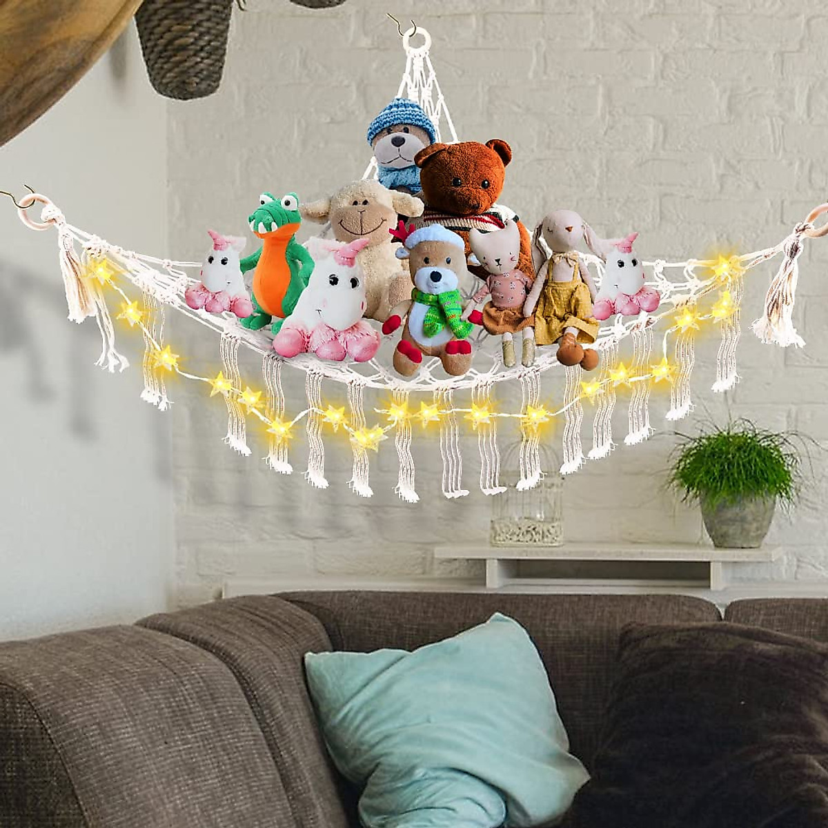 EKDJKK Stuffed Animal Hammock Macrame Plush Toy Net Hammock for Stuffed Animals with Light Pet Net for Stuffed Animals Corner Hanging Stuffed Animal Storage Holder Teddy Bear Net for Kids Room
