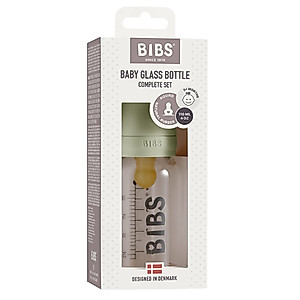 BIBS Baby Glass Bottle. Anti-Colic. Round Natural Rubber Latex Nipple. Supports Natural Breastfeeding, Complete Set - 110 ml, Sage