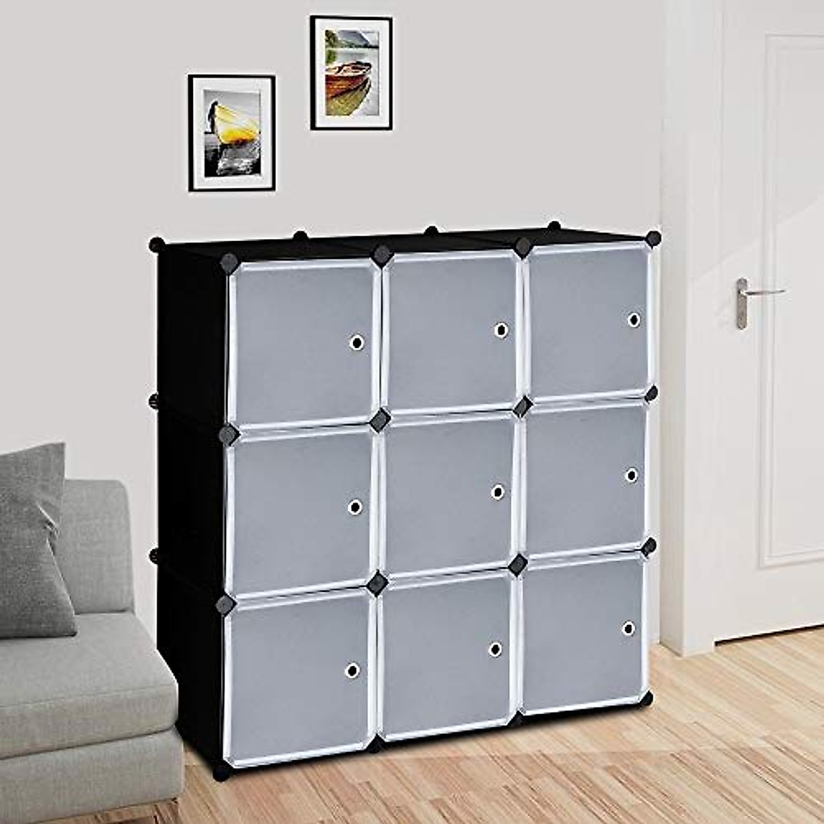 VINGLI Cube Storage, 9 Cubes Organizer Shelves Plastic Closet Cabinet, DIY Modular Storage Cube Organizer w/White Doors for Bedroom Living Room Office, Black