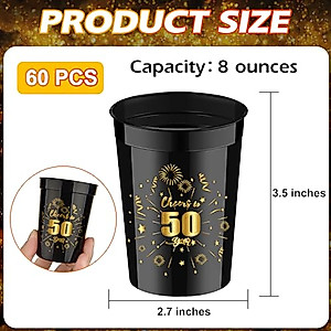 Mototo 60 Pieces 50th Small Birthday Cups 8 oz Cheer to 50 Years Plastic Cups Plastic Birthday Stadium Cups Black and Gold Plastic Cups for Birthday Party Favors Anniversary Wedding Party Supplies