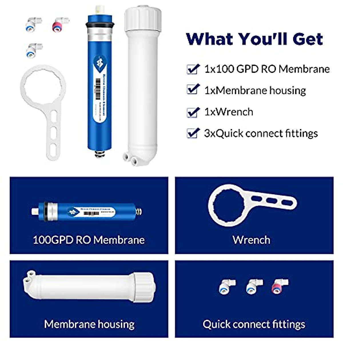 Membrane Solutions 100 GPD RO Membrane, Reverse Osmosis Membrane with Membrane Housing, Replacement for Under Sink Home Drinking RO Water Filter System, Wrench,1/4" Quick-Connect Fittings,Check Valve