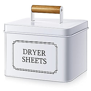 Hotop Metal Laundry Dryer Sheets Holder Fabric Softener Sheet Dispenser with Lid Farmhouse Storage Decor Container Box for Room Accessories Organization, White and Wood Color (Hotop-NDW93)