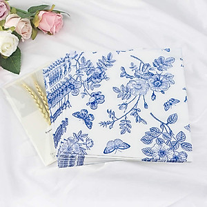 40 Pack Blue White Floral Cocktail Napkins Blue White Floral Luncheon Napkins Fancy Dessert Paper Napkins for Floral Theme Bridal Baby Shower Tea Party Blue White Floral Birthday Party Supplies Decor