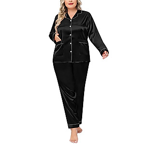 SWOMOG Women Plus Size Long Sleeve Pajamas Silk Satin Pajama Sets Button Down Sleepwear Pjs Loungewear with Pockets Black