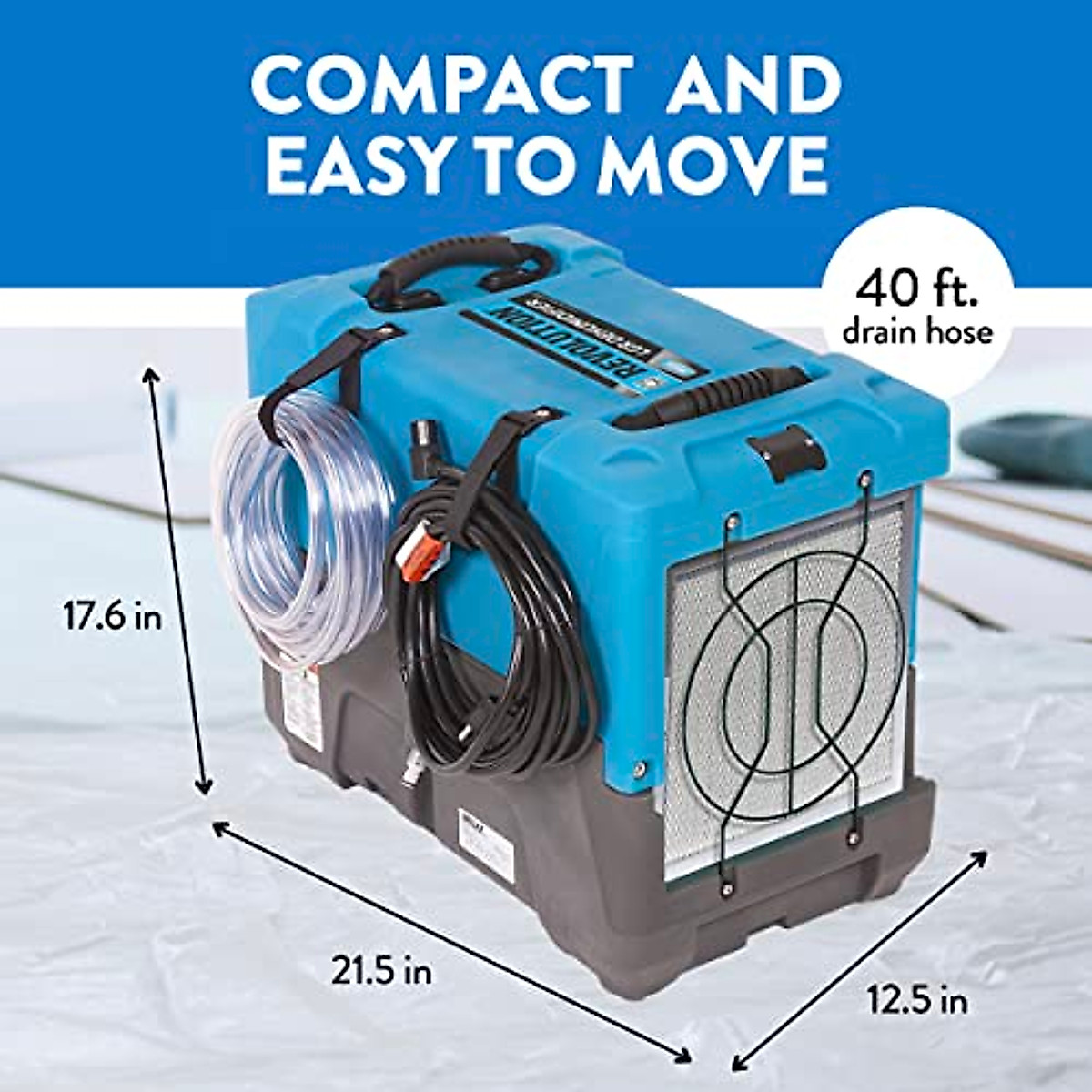 Dri-Eaz Revolution LGR Commercial Dehumidifier with Pump, Industrial, Compact, Crawlspace and Basement Drying, Durable, Portable, Blue, F413, Up to 17 Gallon Water Removal per Day