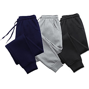 TUVEKE 3 Pcs Men’s Joggers Track Pants Essentials Fleece Athletic Pants for Men Workout Running Gym Sweatpants Blue&Grey&Black XL