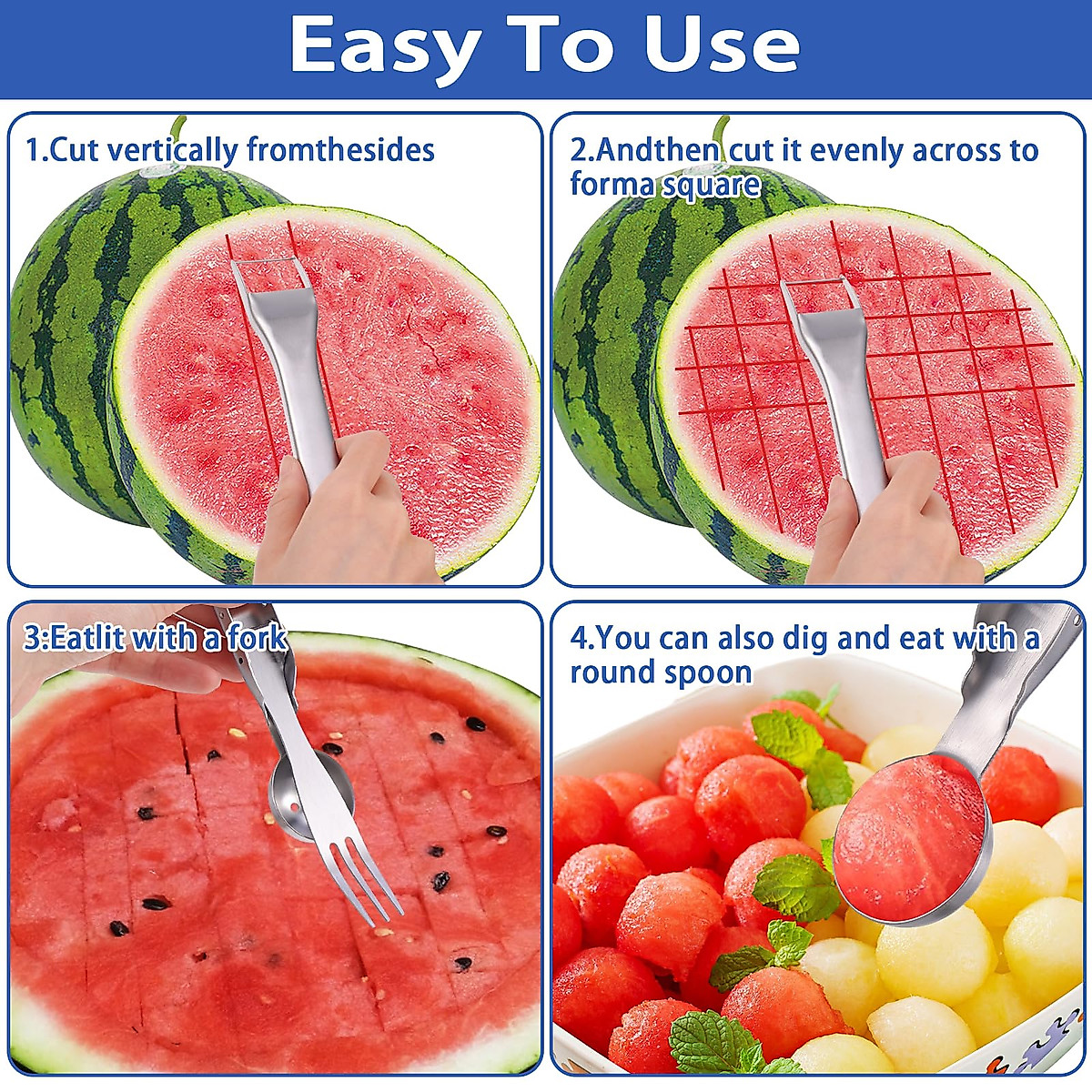 Tyqour 2pcs Stainless Steel Watermelon Fork Slicer 3-in-1double Head Portable Fruit Cutter Watermelon Cutter Tool, Fruit Fork Cut Watermelon for Family Parties Camping Kitchen Gadget