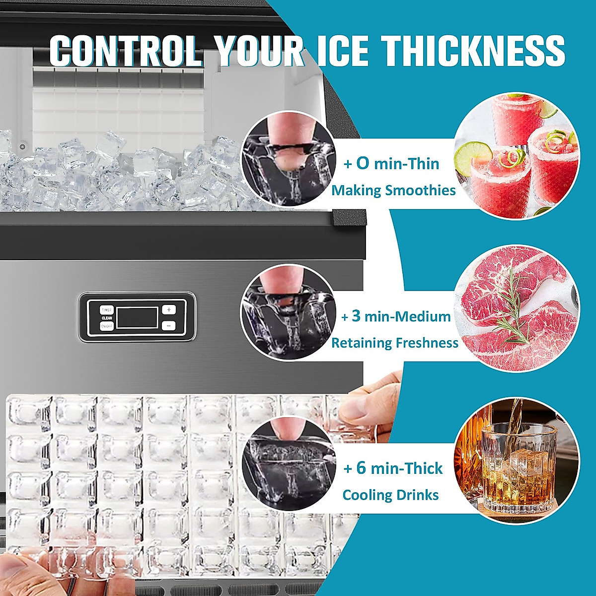 Erivess 120lbs/24H Commercial Ice Maker Machine, 48 Cubes/11mins Stainless Steel Under Counter ice Machine with 33lbs Ice Storage Capacity, Self-Clean Freestanding Ice Maker
