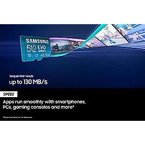 SAMSUNG EVO Select Micro SD-Memory-Card + Adapter, 512GB microSDXC 130MB/s Full HD & 4K UHD, UHS-I, U3, A2, V30, Expanded Storage for Android Smartphones, Tablets, Nintendo-Switch (MB-ME512KA/AM)