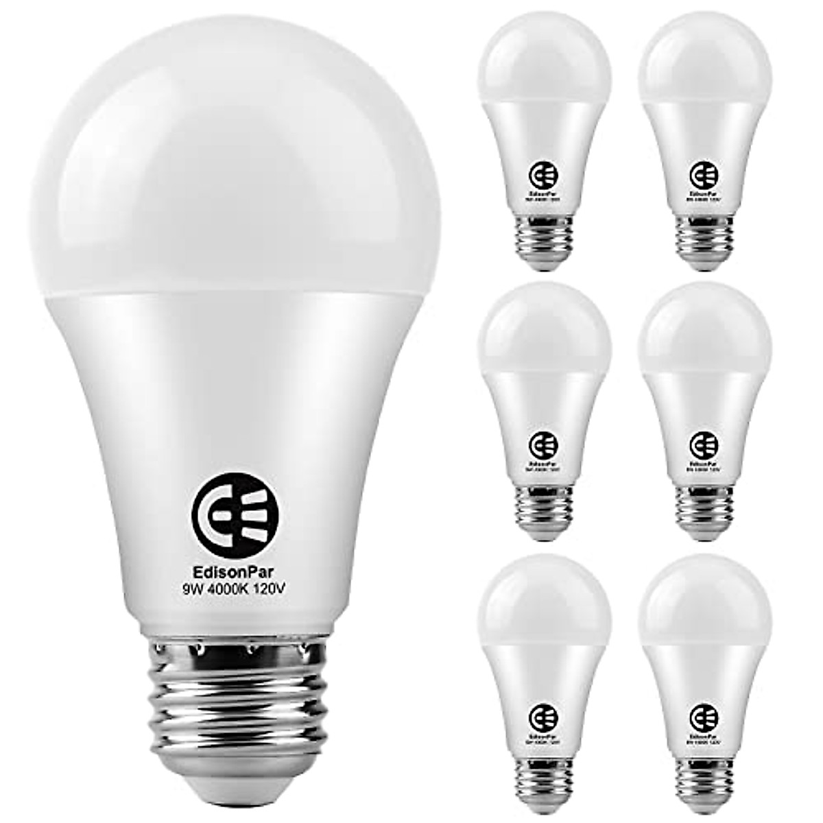 EdisonPar A19 6-Pack LED Light Bulbs, E26 Base 75W Equivalent 1000lumens 4000K Neutral Daylight, Cool White (CWF), Non-Dimmable 9W 15000Hrs Indoor UL