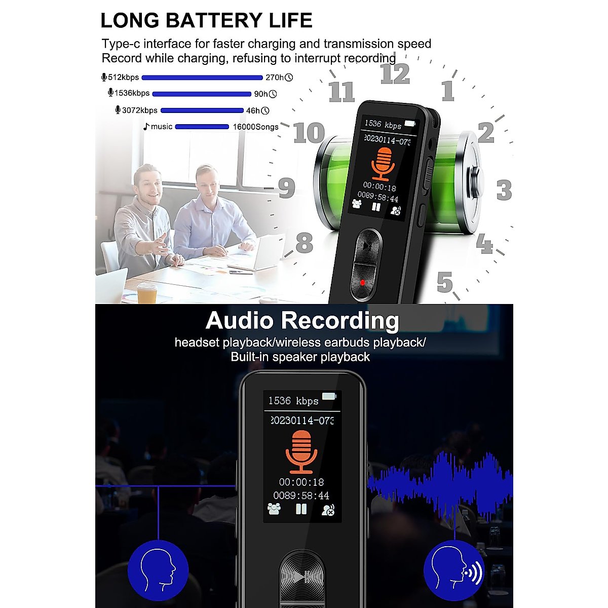 64GB Digital Voice Recorder, 3072KBPS Voice Activated Recorder One-Touch Recording with Playback, Noise Cancellation with Password, Bluetooth, Dictaphone Recorder for Lectures, Meetings, Interviews