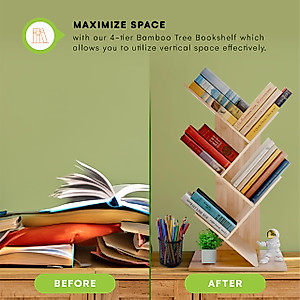 Prosumers Choice Wooden Bookshelf Storage Rack 25.4 x13.8 x 6.3in - 4Tier Bamboo Shelf to Maximize Vertical Space - Cool Tree Bookshelf - Unique Bookshelves - Vinyl organizer, Plants, and Decorations