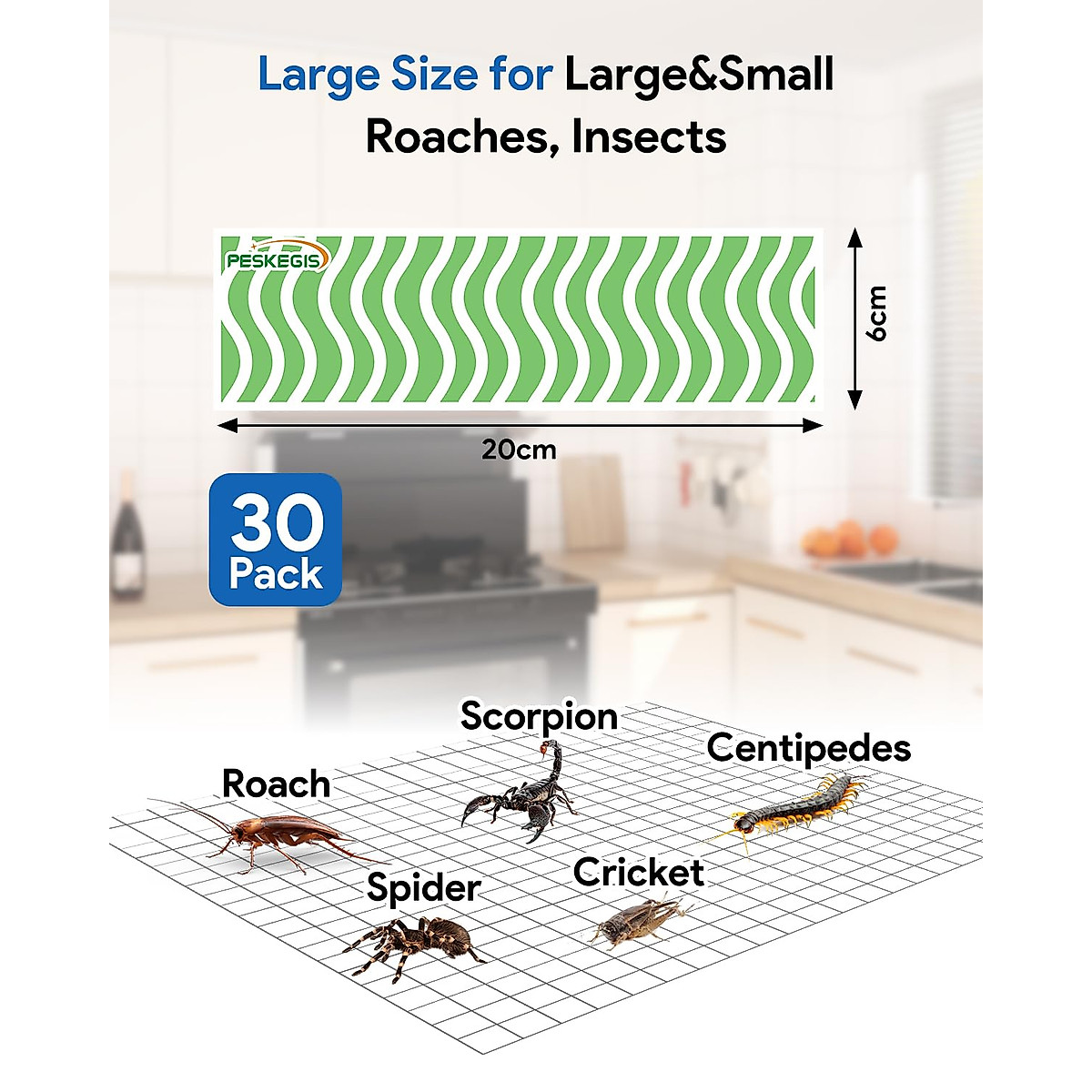 Large Roach Insect Traps 30 Pack, Trap & Kill Indoor Crawling Crickets, Scorpions, Cockroaches, Bugs, Spiders, Centipedes, Mice Glue Boards, On-Wall Insect Catcher, Pre-Baited Fruity Scent