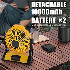 Geek Aire Portable Camping Fan with Lights, 20000mAh Detachable Rechargeable Battery Operated Fan, Battery Powered Outdoor Tent Fan with 4 Speeds & Hook, Personal Beach Fan for Camping Hiking
