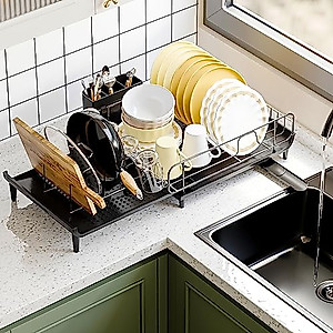 Fixwal Large Dish Drying Rack, Dish Rack for Kitchen Counter, Expandable Stainless Steel Dish Drainers, Kitchen Gadgets with Utensil Holder & Drainboard for Various Kitchenware