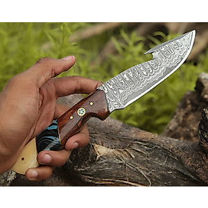 SHOKUNIN USA CaptainHook Hunting Knife High Carbon Steel Damascus Fixed Blade Full Tang Survival Tactical Knife with Sheath and Non-Slip Ergonomic Handle for Outdoor Camping