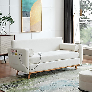 63" W Loveseat Sofa,White Boucle Couch with LED Lights and USB Ports Modern Fluffy Love Seat Couches 2 Seater Comfy All-Wood Washable Covers Sofa Furniture for Bedroom Living Room Small Space Office