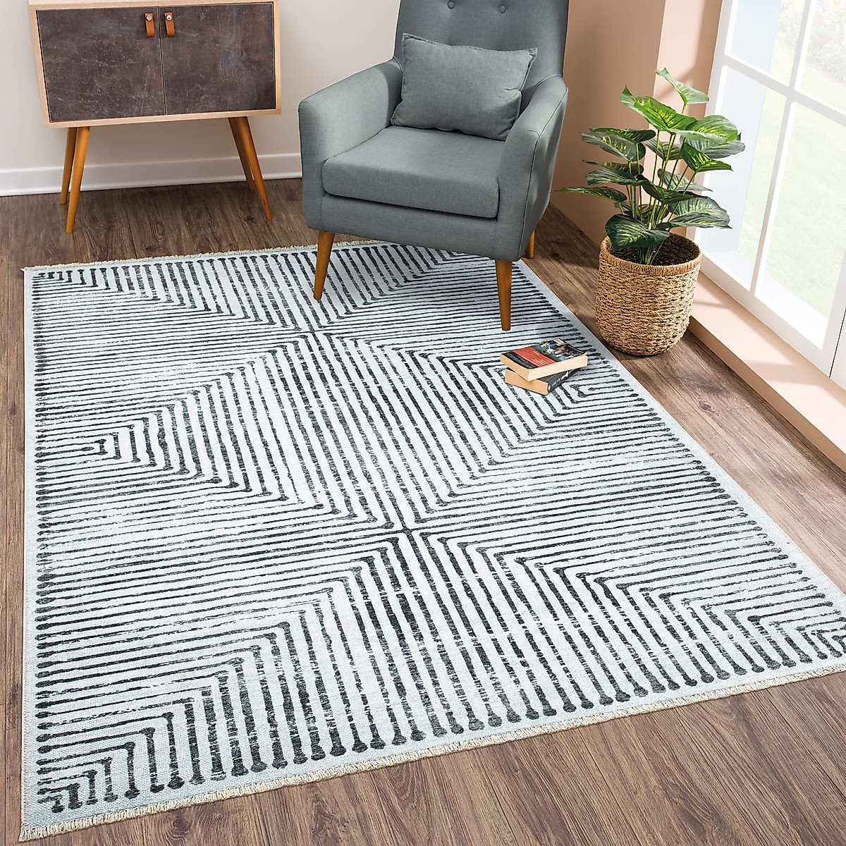 Bloom Rugs Caria Washable Non-Slip 9x12 Rug - Ivory/Black Striped Area Rug for Living Room, Bedroom, Dining Room, and Kitchen - Exact Size: 9' x 12'