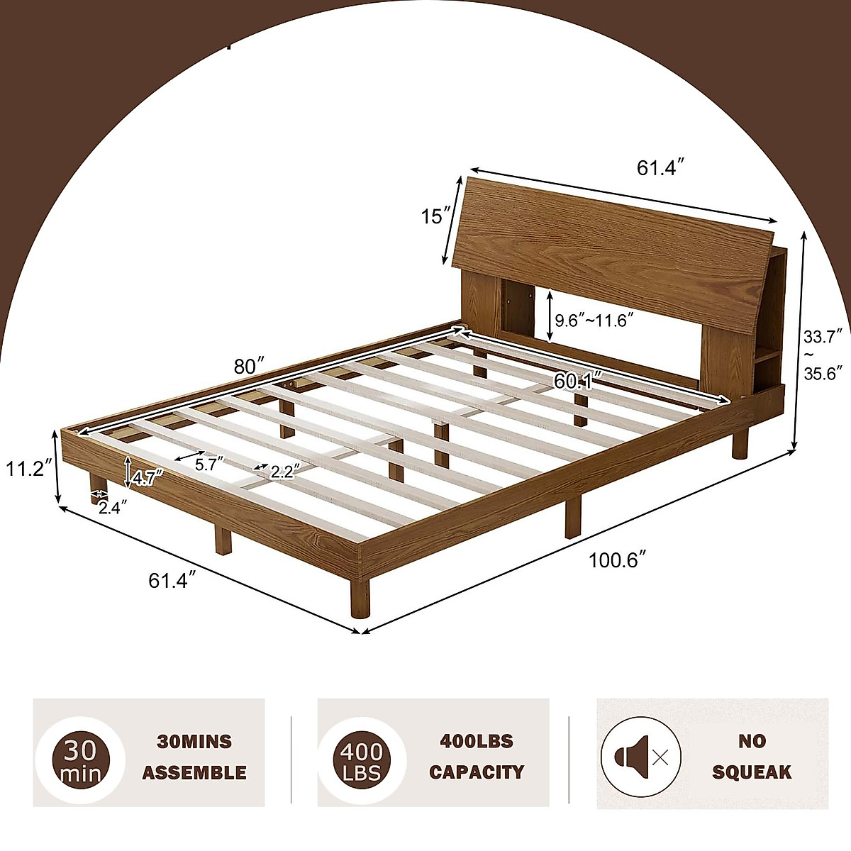 DUNTRKDU Queen Size Bed Frame, Mid Century Platform Bed Frame with LED Lights & USB Port, Queen Size Bed Frame with Bookshelf, No Box Spring Needed/Easy Assembly for Bedroom, Walnut