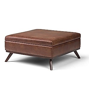 SIMPLIHOME Owen 36 Inch Wide Mid Century Modern Square Coffee Table Lift Top Storage Ottoman in Upholstered Distressed Saddle Brown Faux Leather, For the Living Room