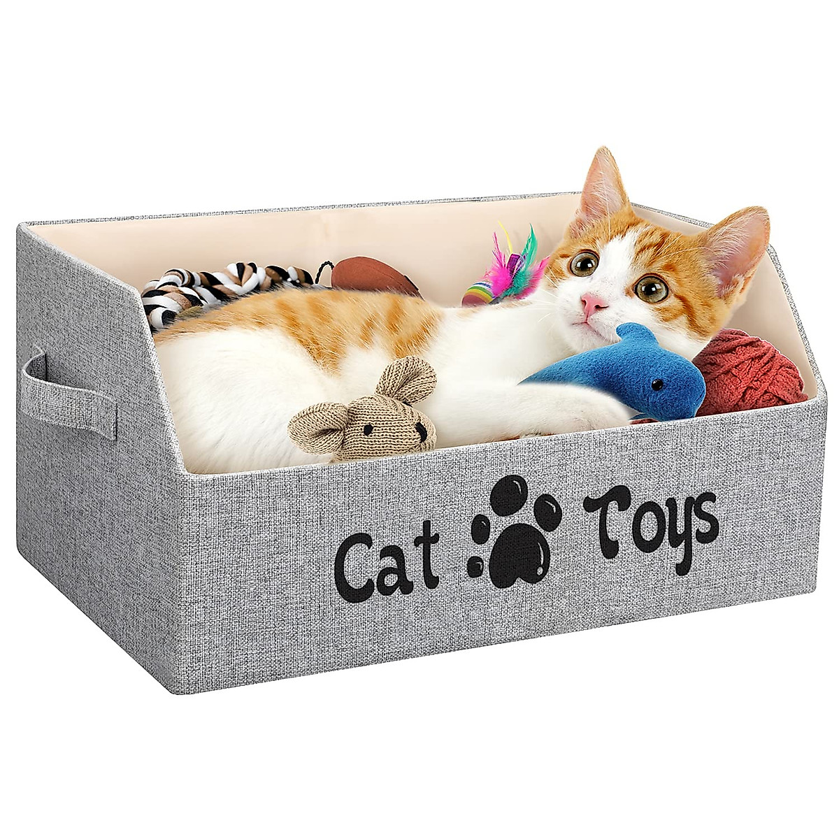 LOVSTORAGE Large Cat Toy Box Cat Toy Storage Basket 2X Thicker Foldable Sturdy Pet Toy Storage Bin Bed for Organizing Pet Toys Treats Clothes and Accessories