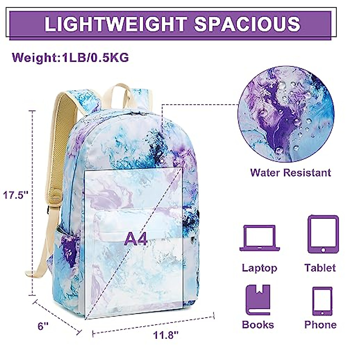 School Backpack for Teen Girls Bookbags Elementary High School Marble Laptop Bags Women Travel Daypacks (Marble Blue)