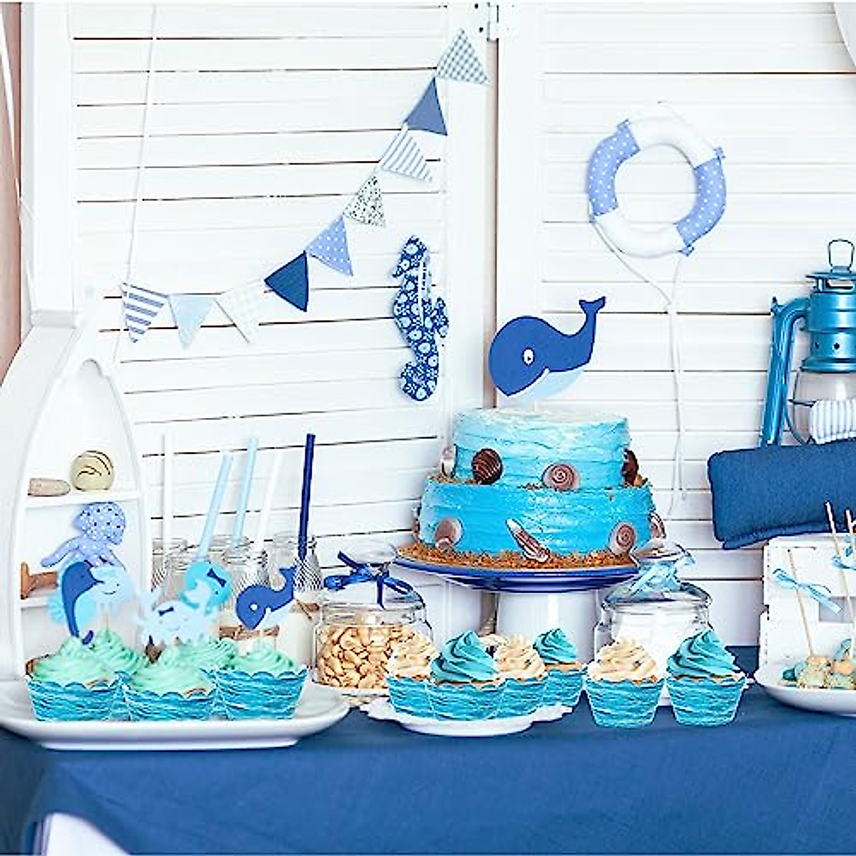 Whaline 48Pcs Ocean Wave Cupcake Wrappers Blue Sea Waves Cupcake Liners Summer Ocean Paper Baking Cup Cupcake Holders for Birthday Summer Ocean Theme Party Cake Decorations