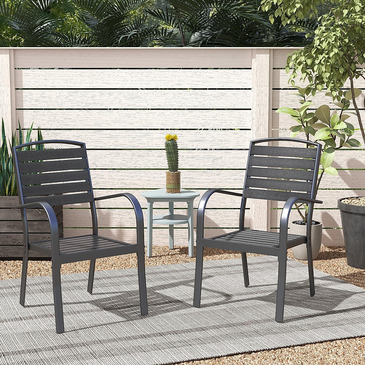 SUNSITT Patio Dining Chairs Set of 2, Aluminum Outdoor Dining Chairs with Faux Wood Slats, All-Weather Stackable Patio Chairs w/Armrests for Lawn, Porch, Garden and Deck, Black