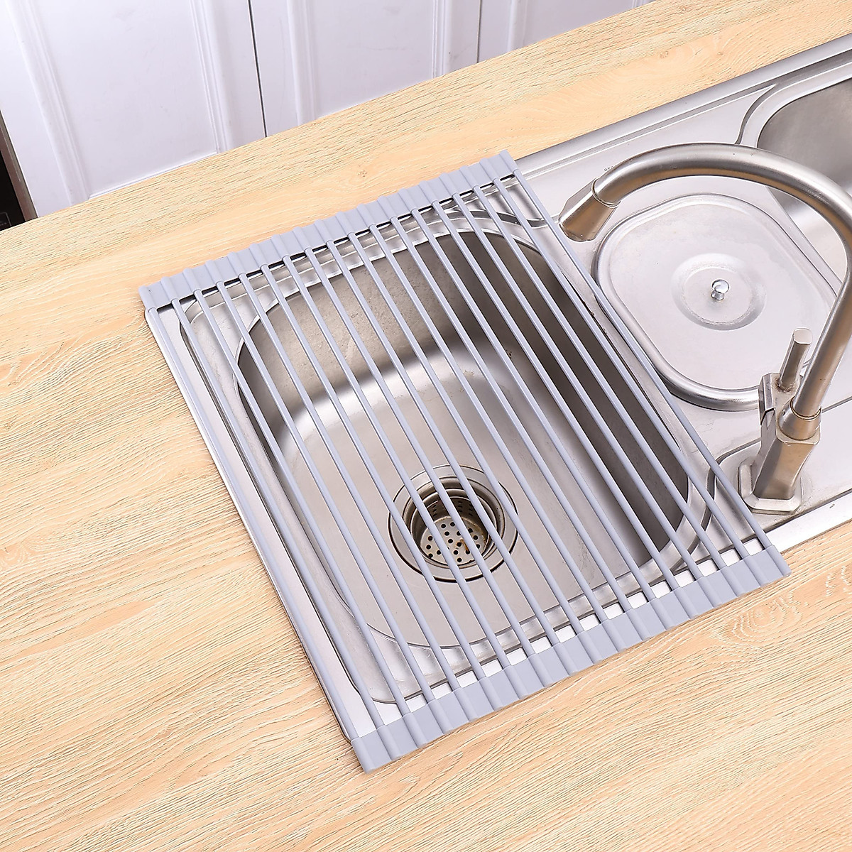 SCOLEA Roll Up Dish Drying Rack Over The Sink, Medium 17.1”x13.1” Heavy Duty, Multipurpose Roll-Up Foldable Silicone Coated Collapsible Drainer for Kitchen Sink (Warm Gray, Medium 17.1”x13.1”)