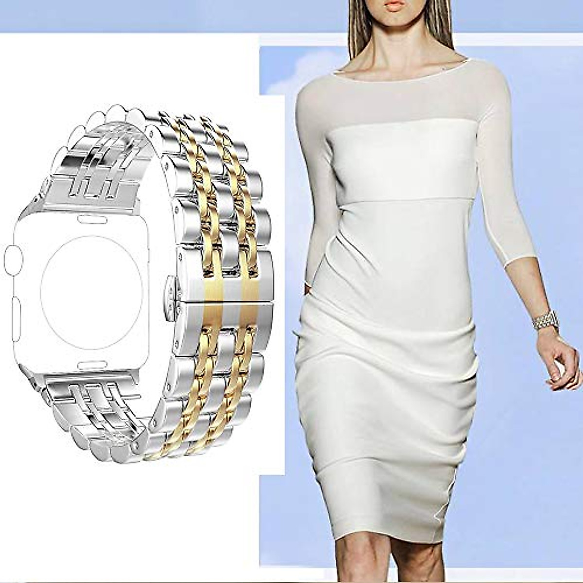 PUGO TOP Bands Replacement for apple watch 38mm Series 3 2 1 40mm Series 6 5 4 SE 41mm Series 7, Stainless Steel iWatch iPhone Watch Bracelet 2 Tones for Men Women(38mm/40mm/41mm, Gold)