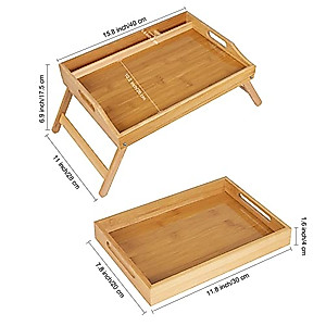Aodaer 2 Pack Natural Bed Table Tray with Folding Legs Breakfast Food Tray with Phone Tablet Holder Portable Serving Platters Tray with Handles Food Tray for Bed, Kitchen, Eating, Working