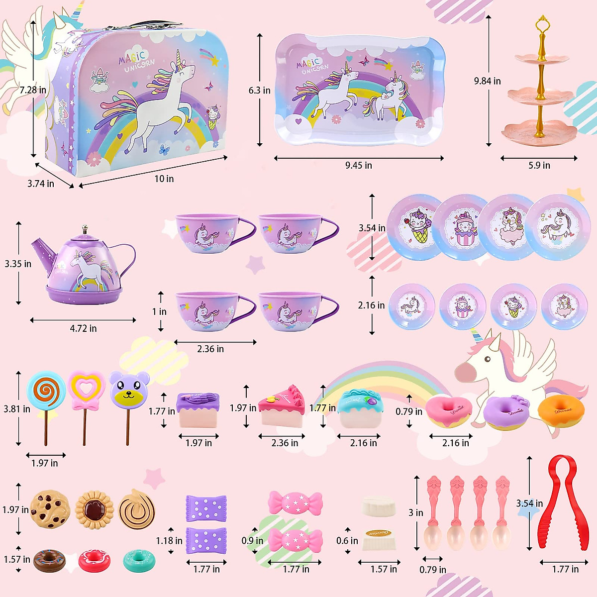 Motiloo 48Pcs Tea Set for Little Girls,Kids Pretend Toy Tin Tea Set and Carrying Case,Rainbow Magic Unicorn Design for Girls Princess Boys 3-6