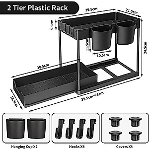 2-Tier Under Sink Organizer,Multi-purpose Organizer Shelf,Sliding Storage Drawer Basket Organizer for Kitchen Bathroom with Hooks, Hanging Cup,Pull Out Spice Rack,Makeup Cosmetics Vanity Narrow Space