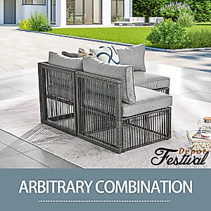 Festival Depot 3 Pieces Patio Conversation Set Sectional Corner Sofa Combination Outdoor Furniture All-Weather Wicker Metal Armless Chairs with Seating Back Cushions Garden Deck Poolside (Grey)